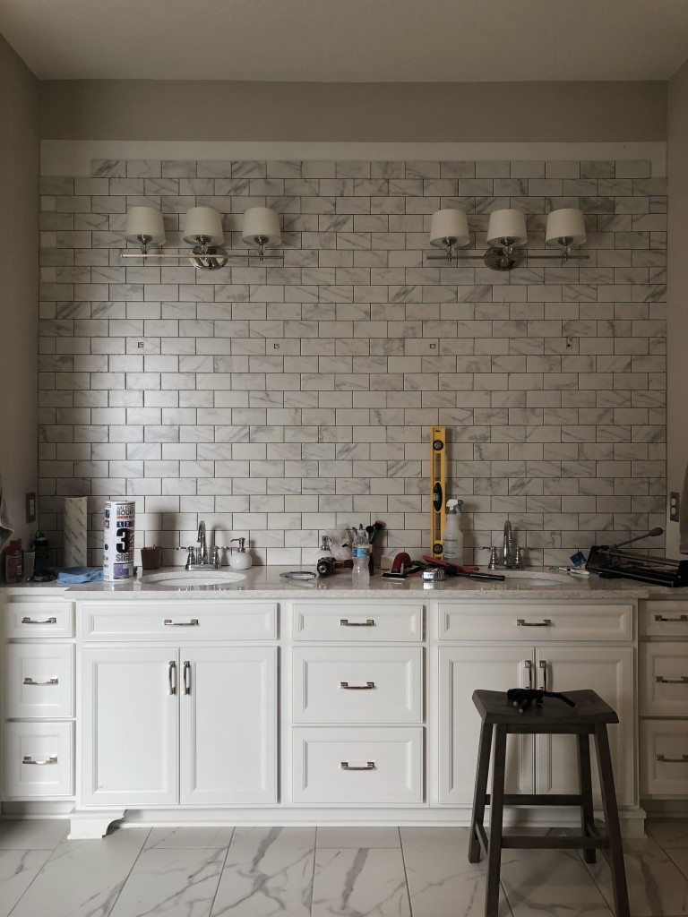 DIY Easy Bathroom Tile Wall - Frills and Drills